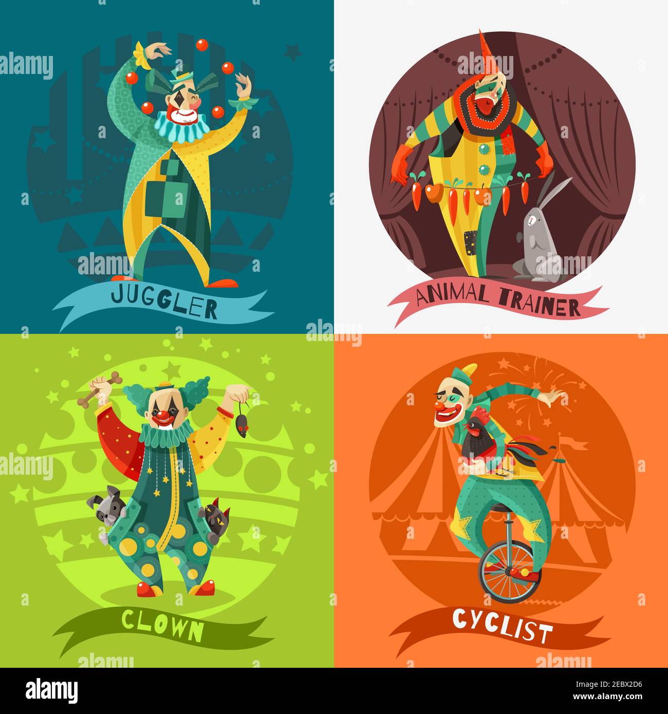 Traditional traveling circus clowns performance 4 retro icons square ...