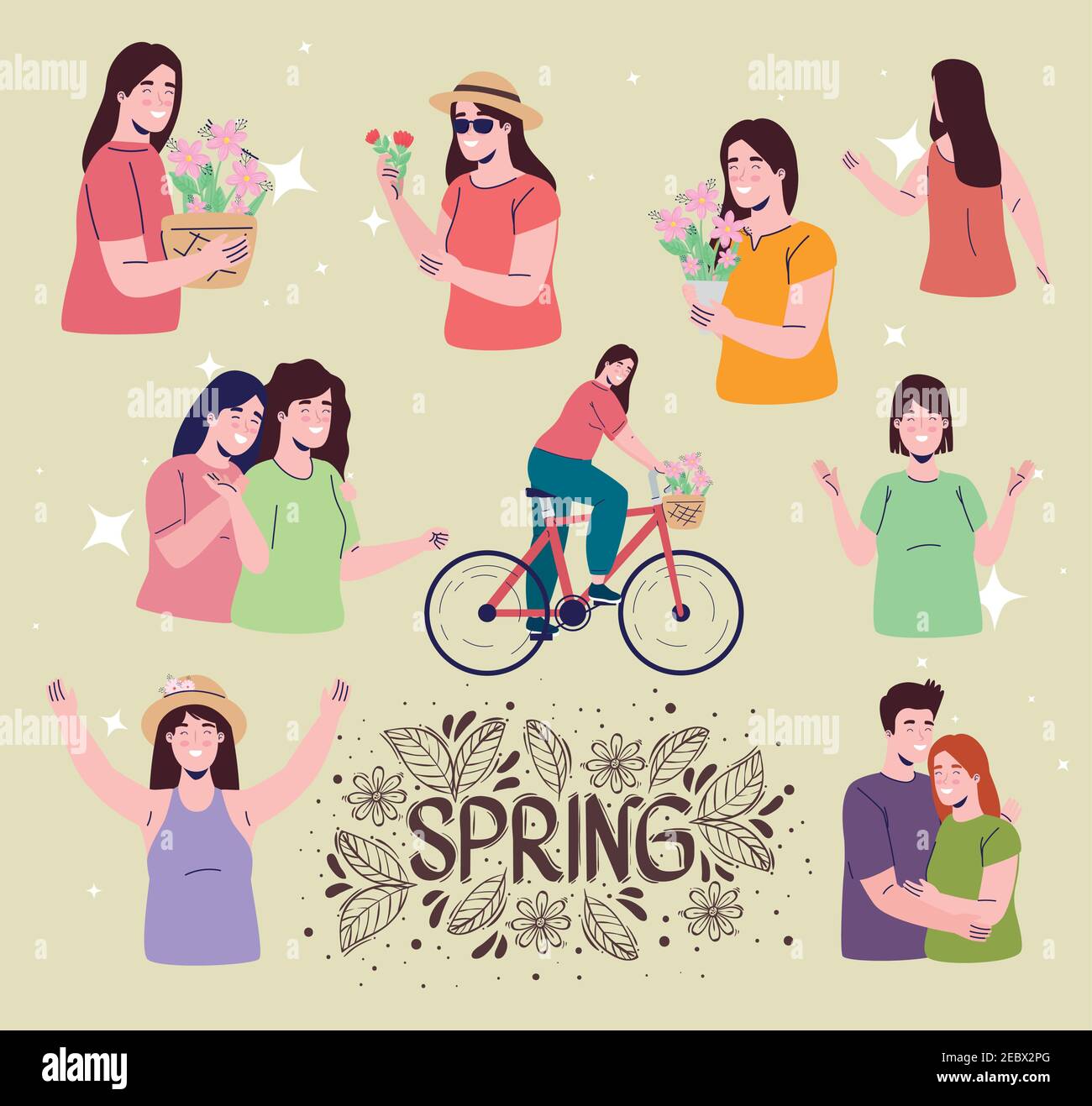 spring season lettering card with people characters Stock Vector Image ...