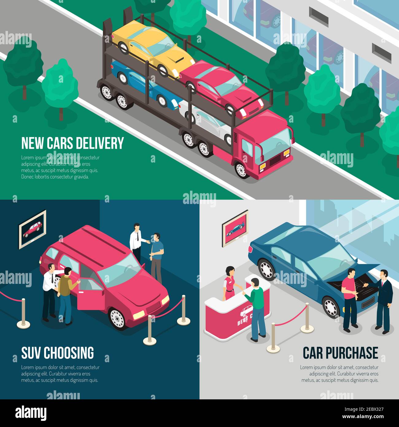 Colored car dealership leasing design concept set with new cars ...