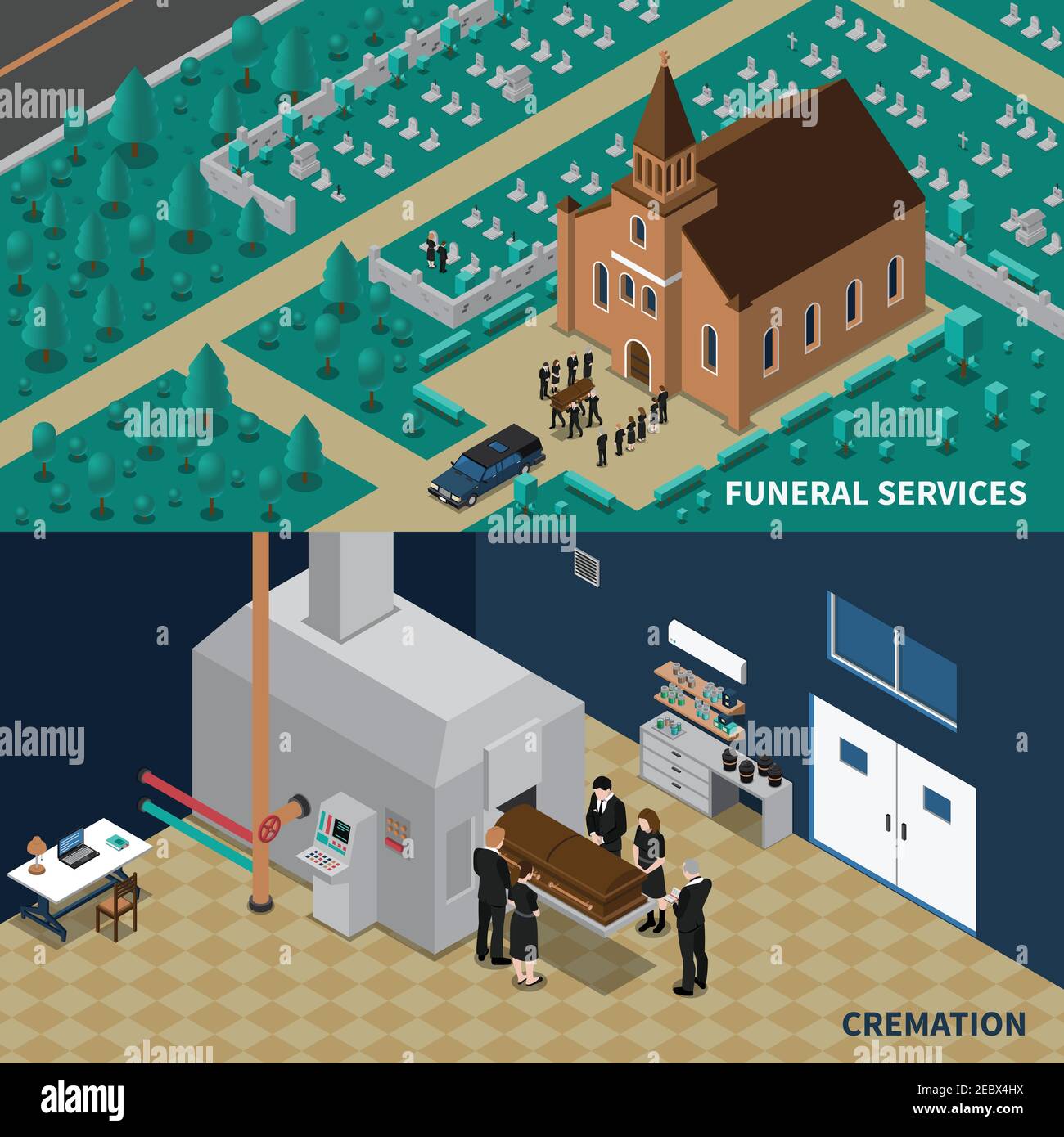 Funeral services isometric horizontal banners with people carrying coffin from church and ...