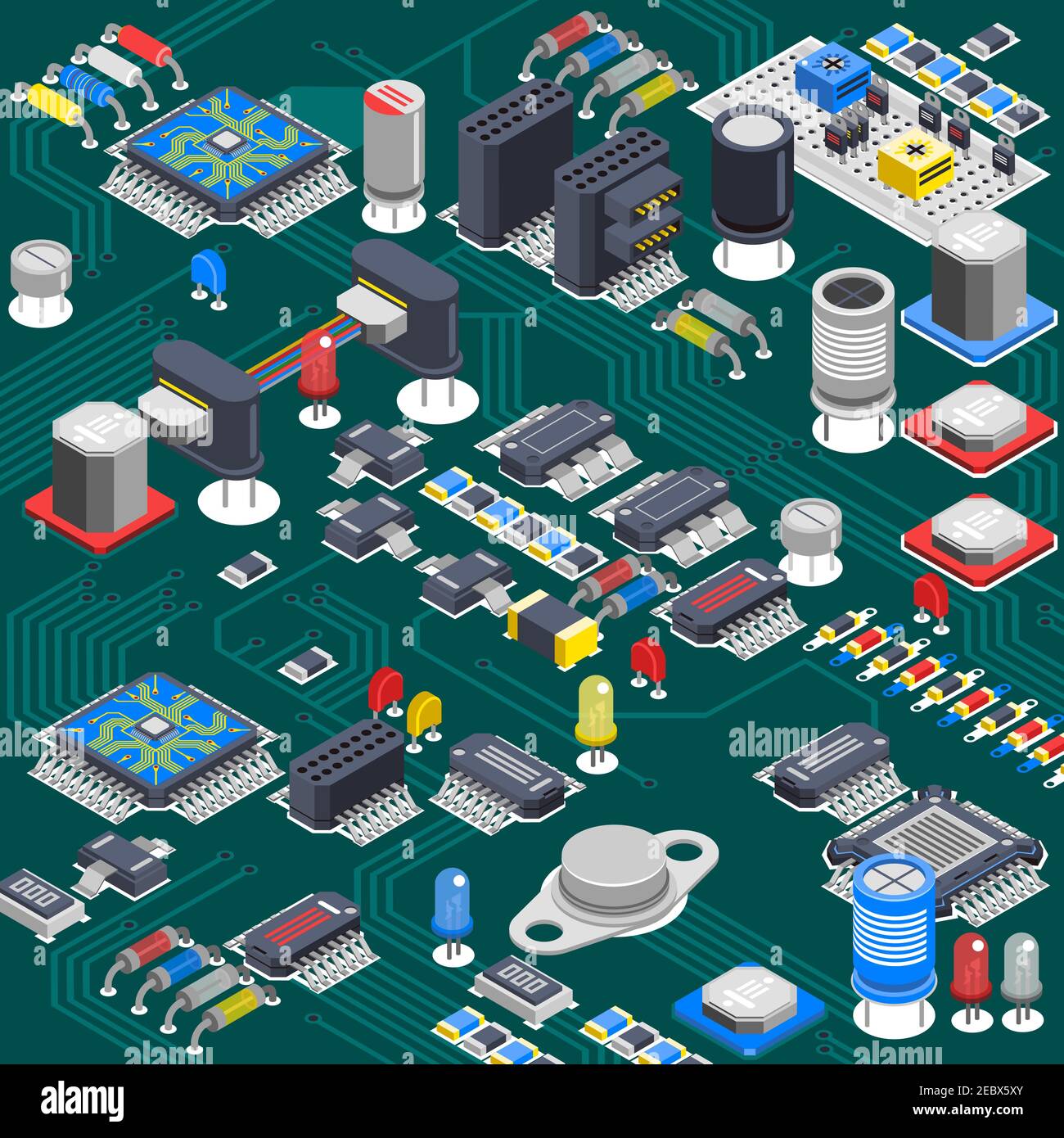 Semiconductor electronic circuit board isometric background with electrolytic capacitors ...