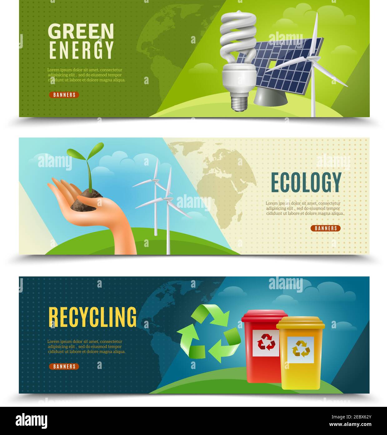 Ecology environment and ecosystem 3 horizontal banners set with green ...