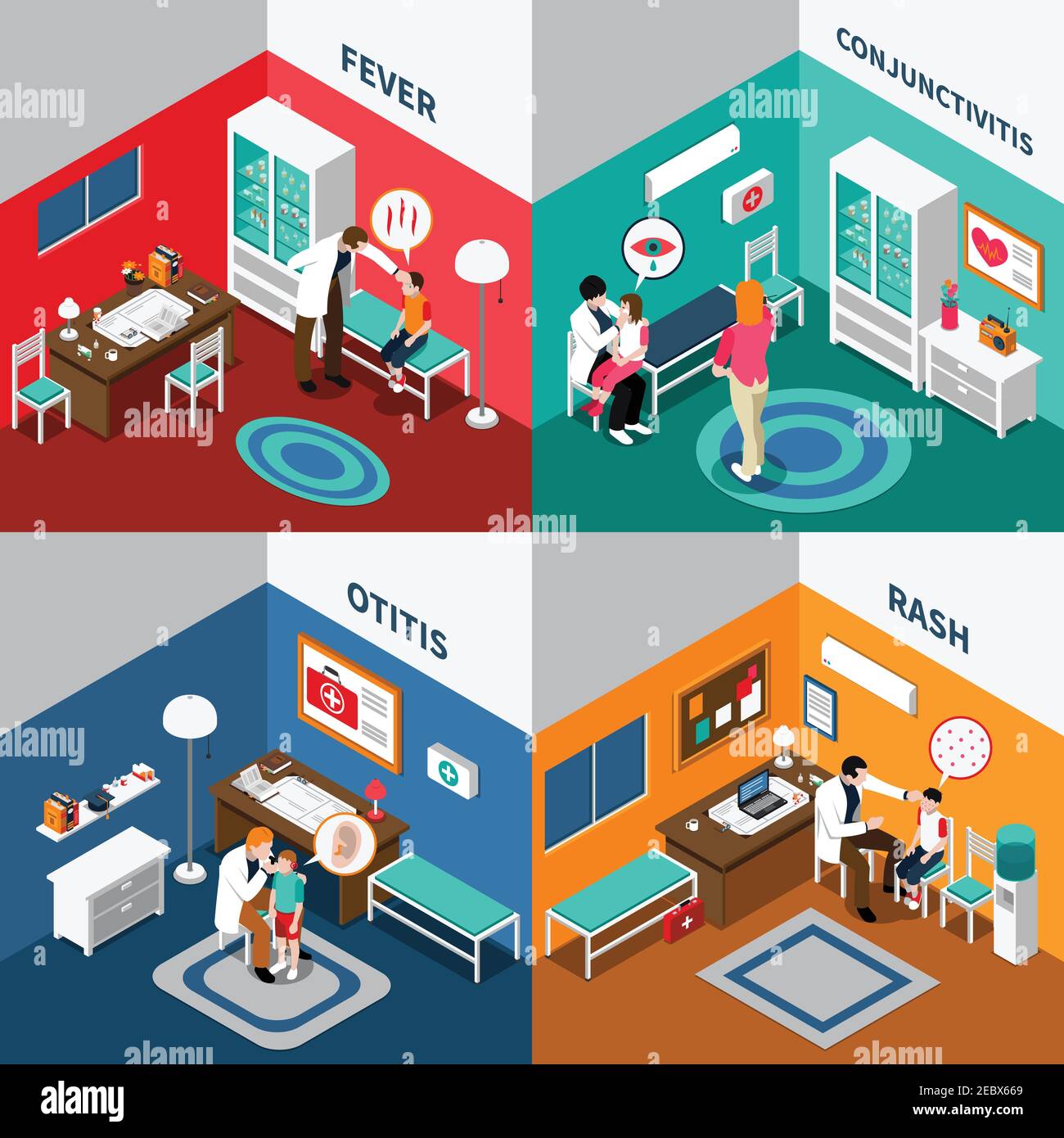 Child diseases colorful isometric compositions including kids with ...