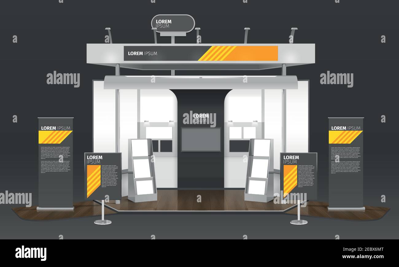 Realistic exhibit stand design with composition of advertising poster ...