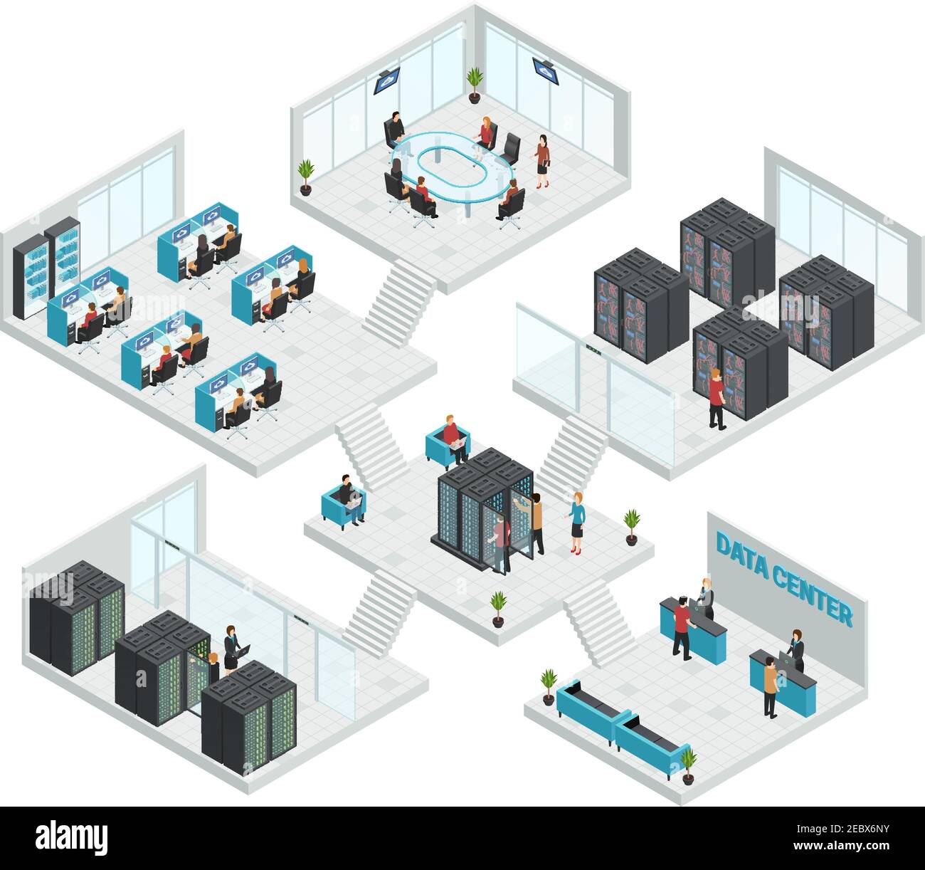Multistore composition of six isometric datacenter rooms with cloud computing servers office ...