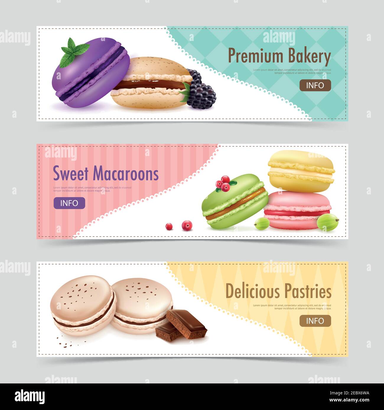 Three horizontal macaroons banners set with realistic macaroon goods ...