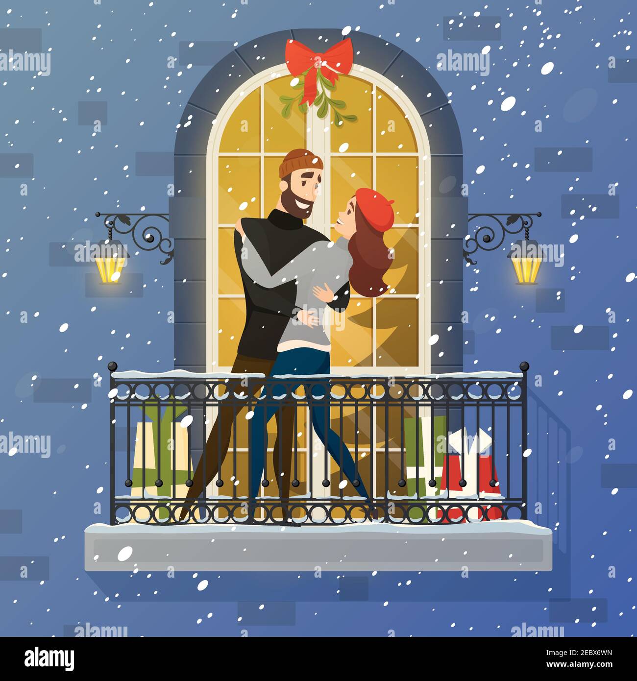 Romantic christmas night fairy tale balcony love scene with fir tree ...
