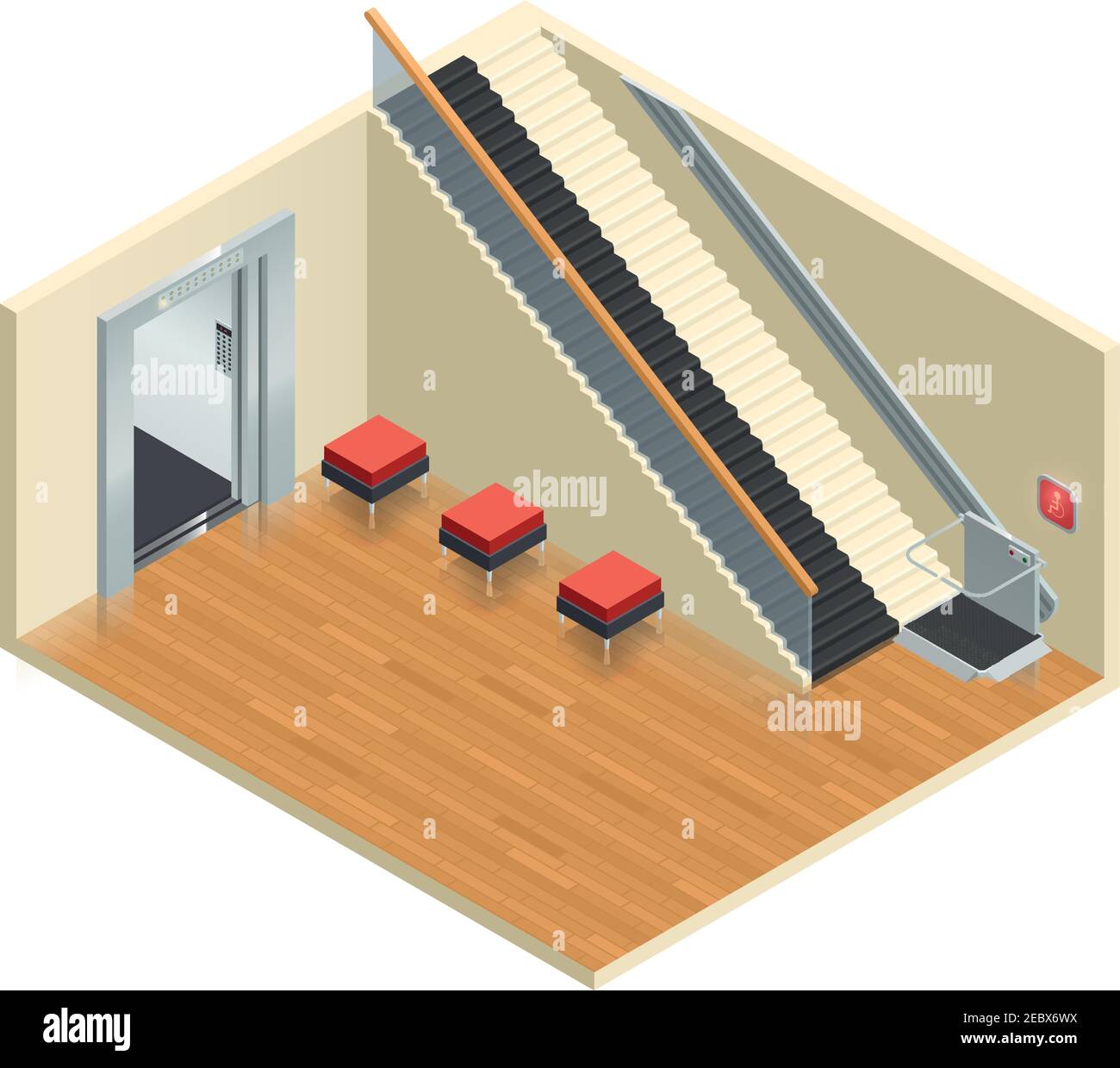 Disabled access elevator lift escalator isometric interior composition ...