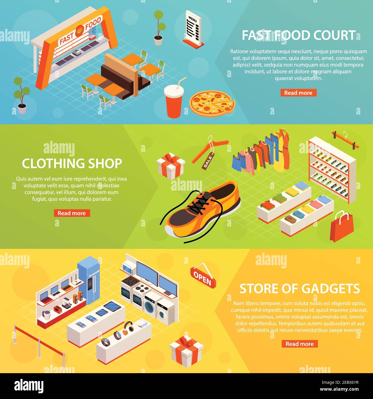 Fast food court wear and gadget electronics store horizontal banners ...