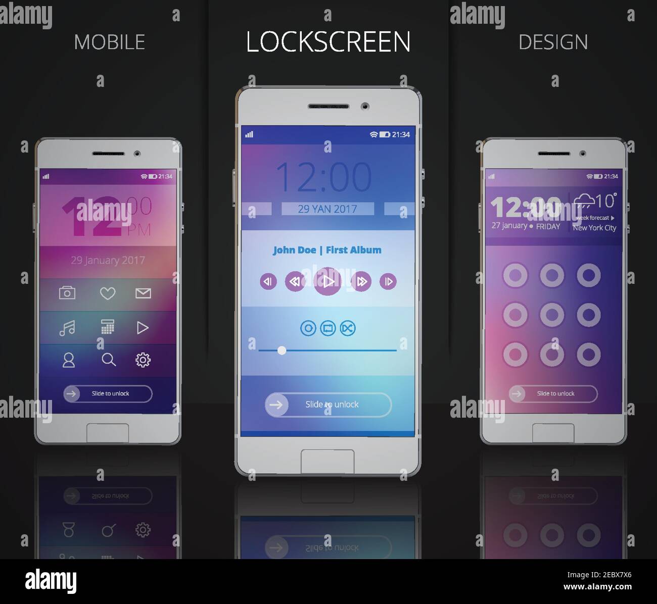Smartphones lock screen designs with user interface including icons ...