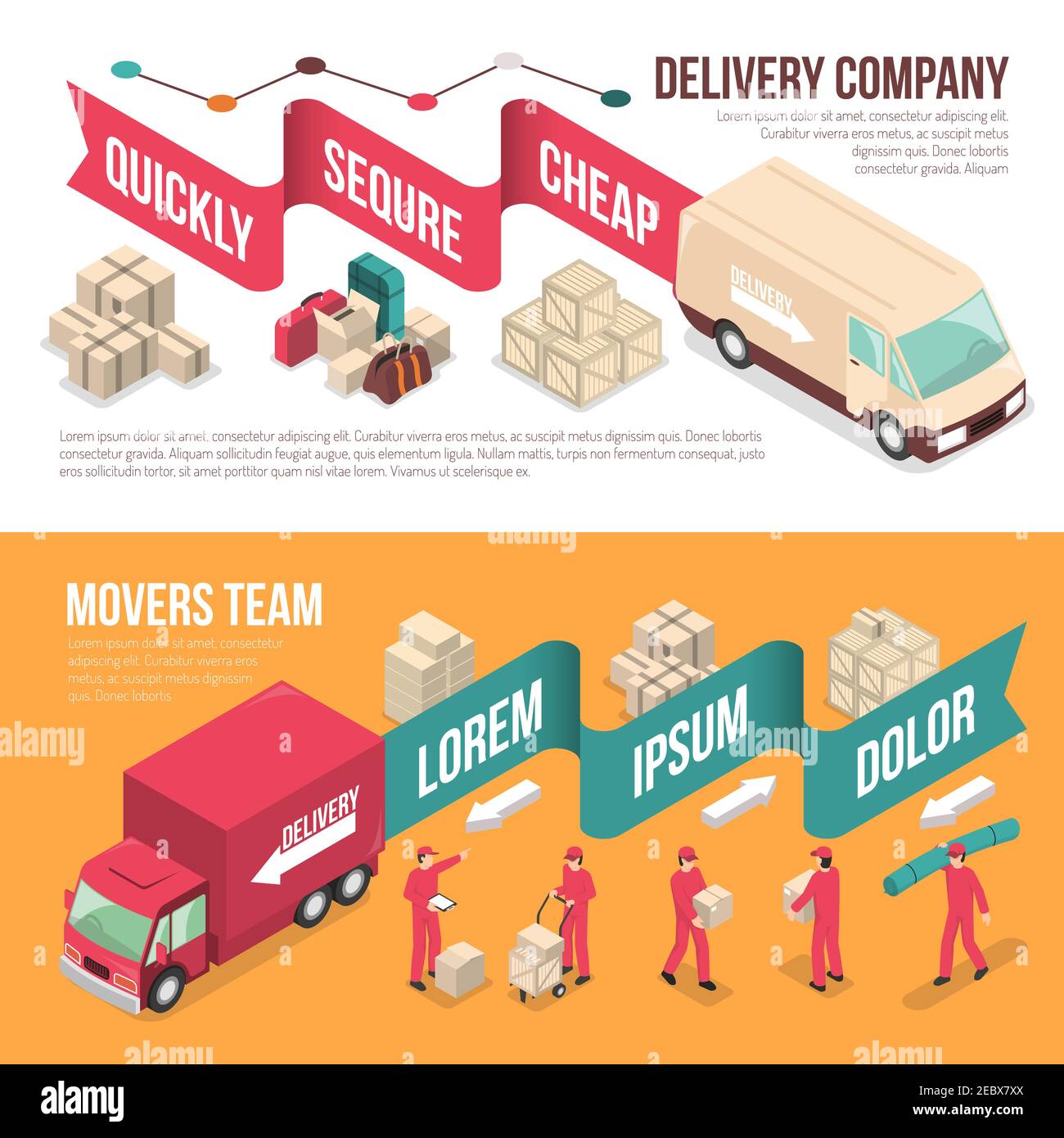 Two horizontal isometric delivery moving banner set with delivery ...