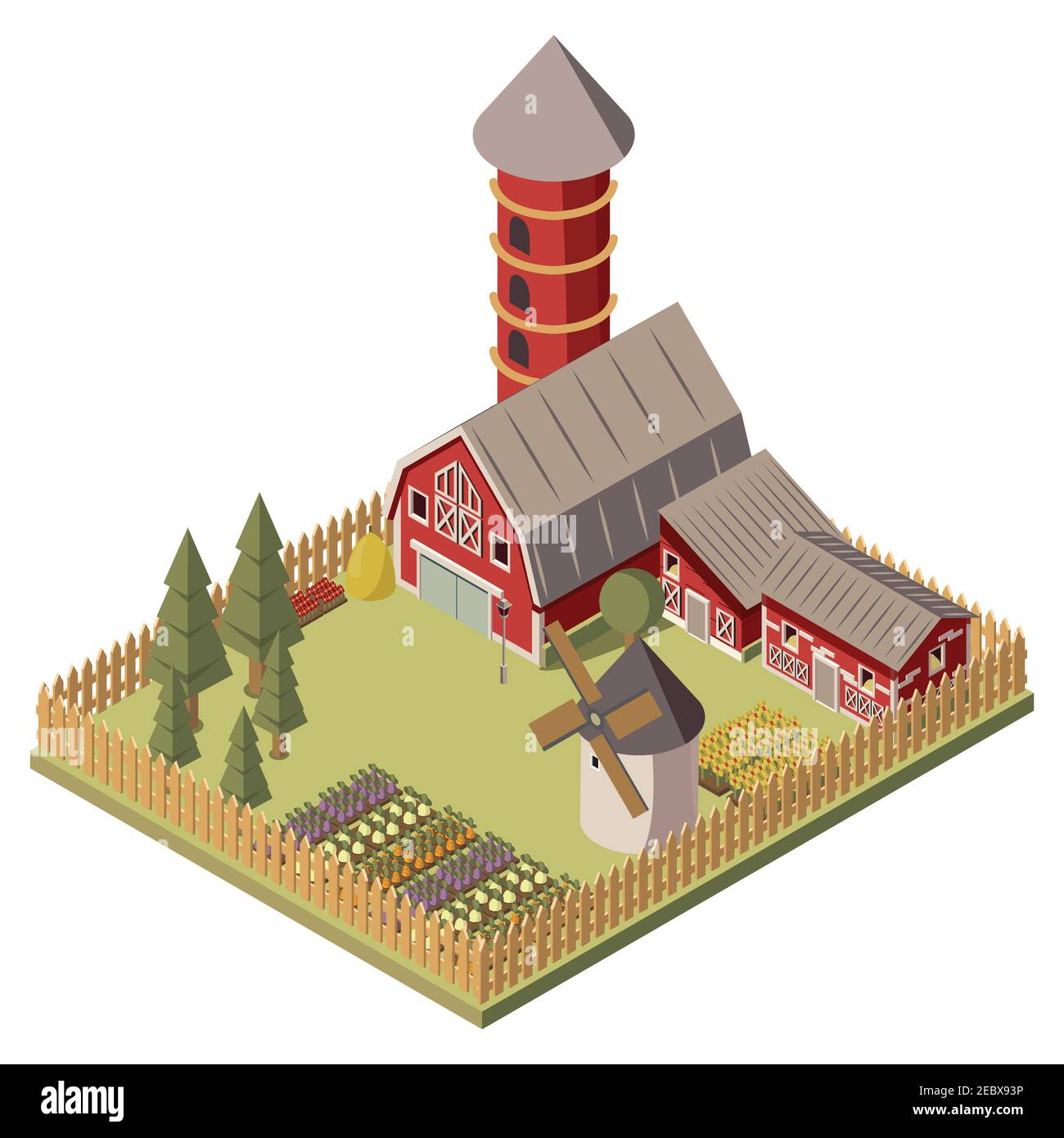 Farm isometric design with red barn and silo shed windmill garden beds ...