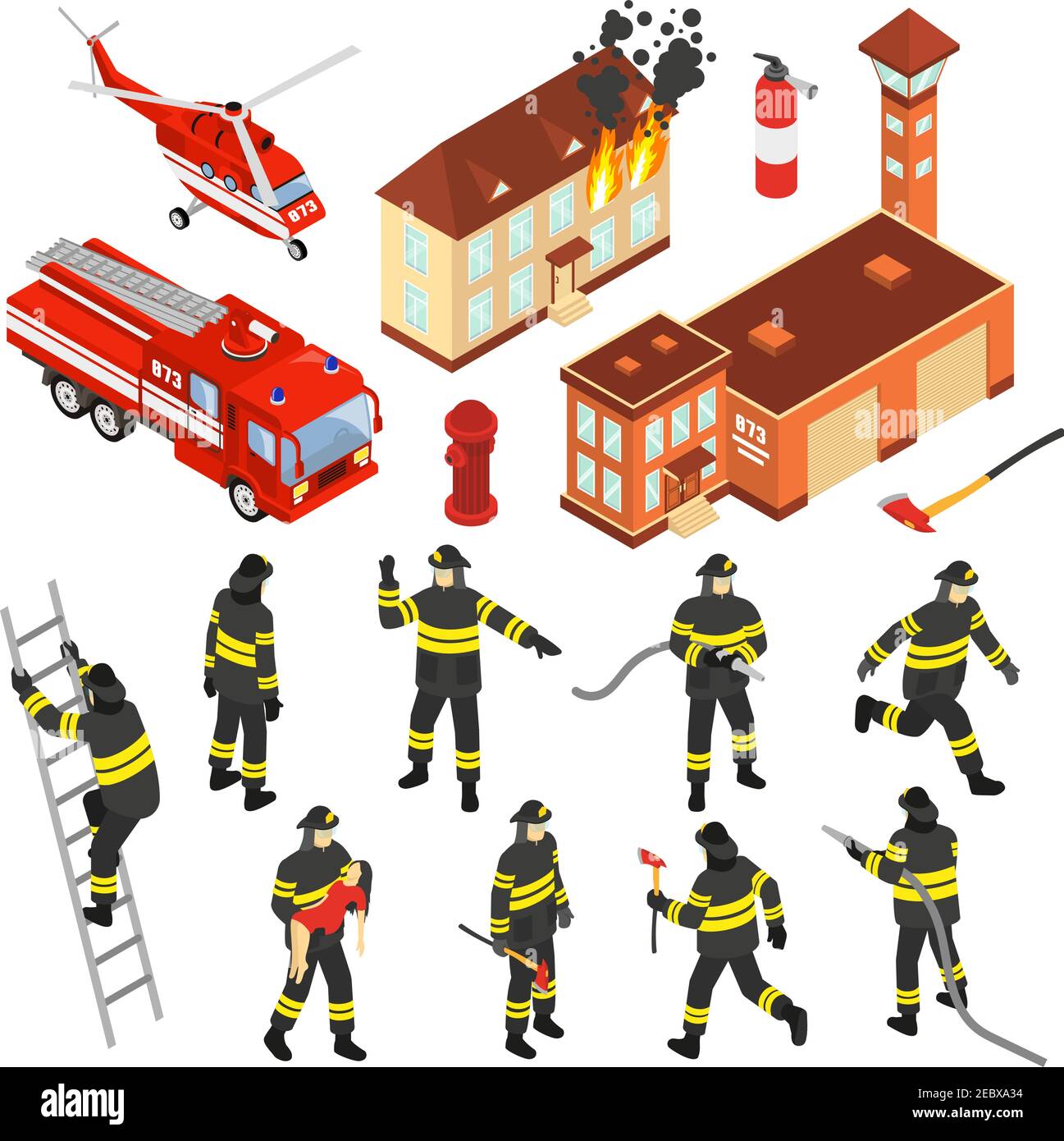 Colored isometric fire department icon set with attributes to ...