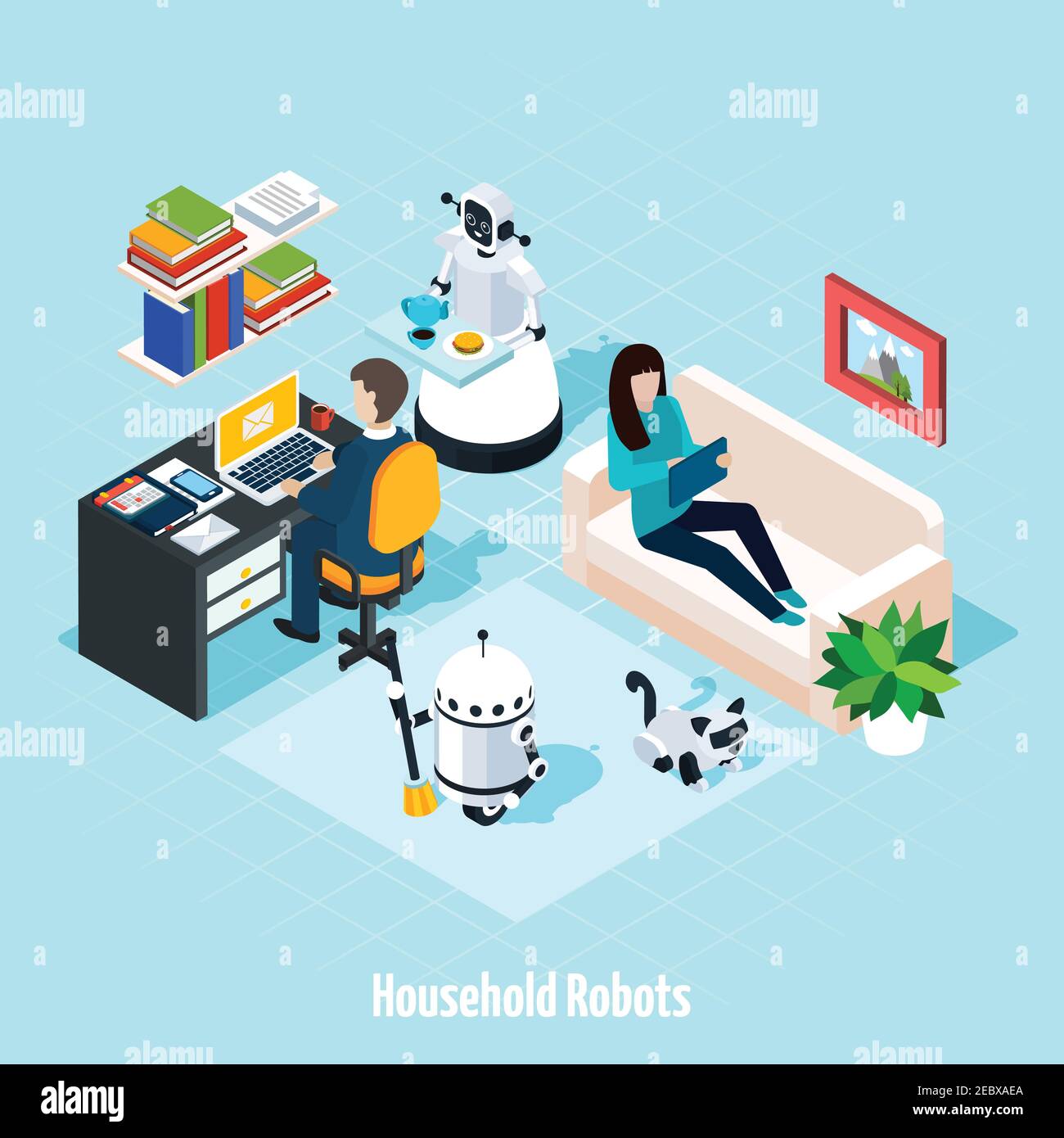 Household robots isometric composition with robots helping young family ...