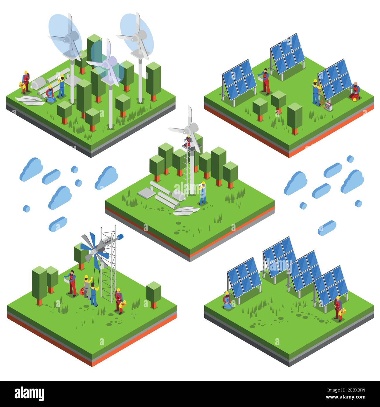 Square isometric landscape compositions set with electricians ...