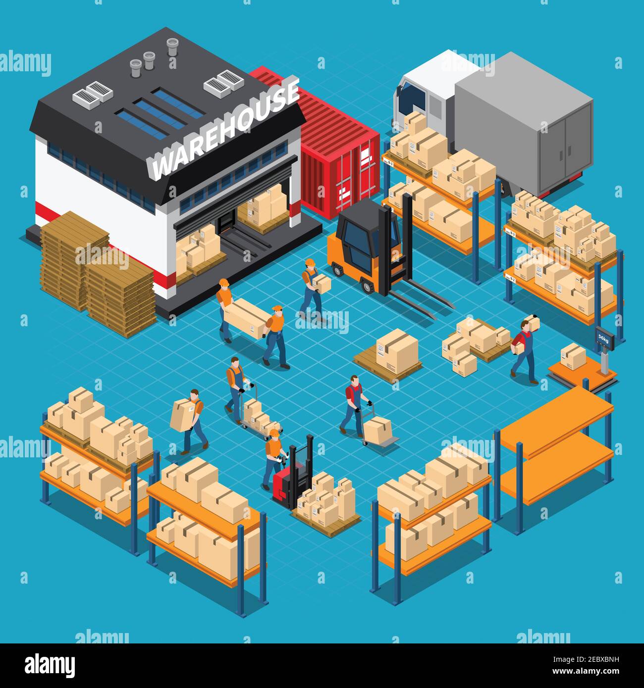 Warehouse isometric composition with employees and storage building ...