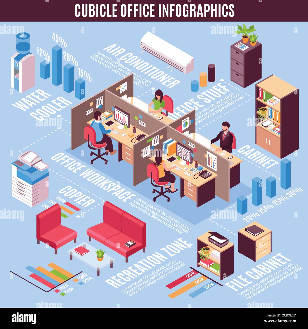 Cubicle office infographics isometric layout with water coolers copier ...
