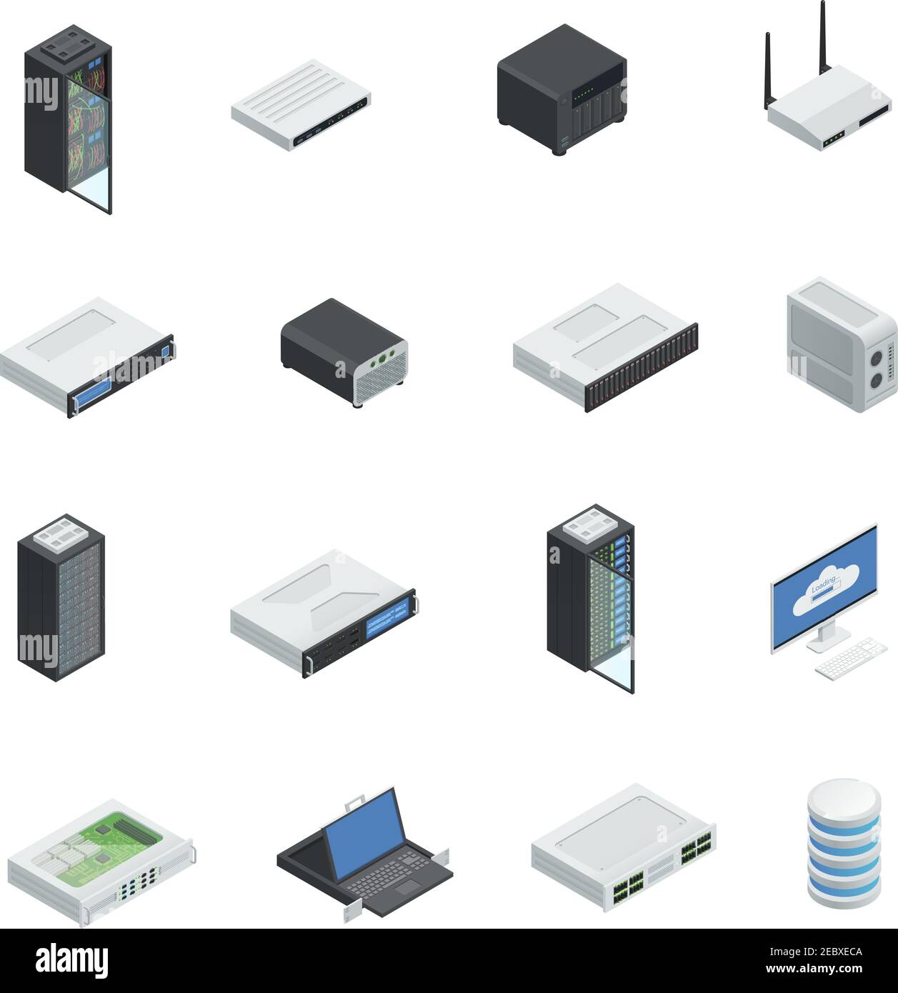 Datacenter server cloud computing isometric icons set with isolated ...