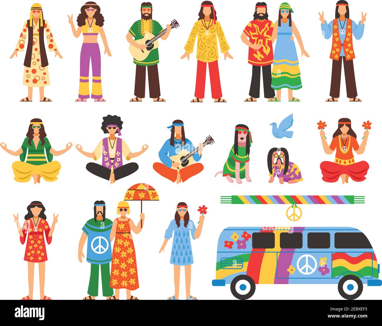 Hippie isolated decorative icons set with young people in ethnic ...