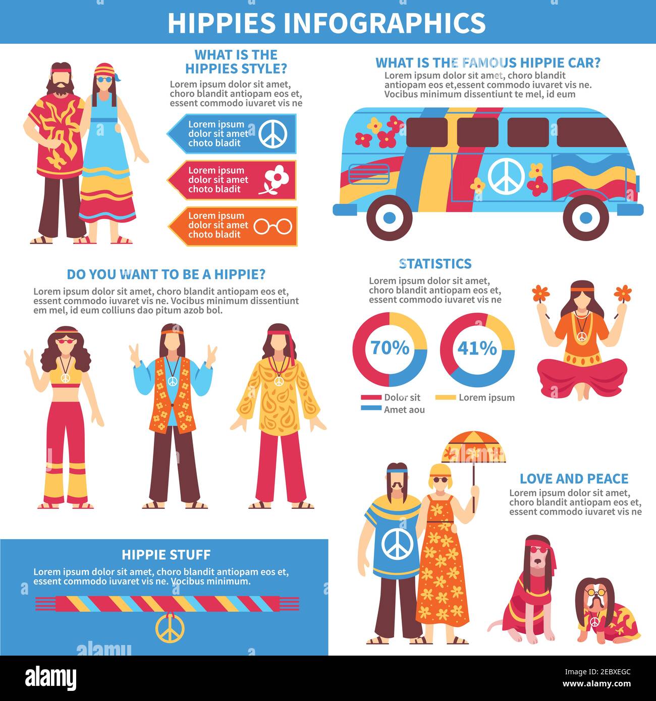 Hippie infographics flat layout with articles on themes of hippies ...