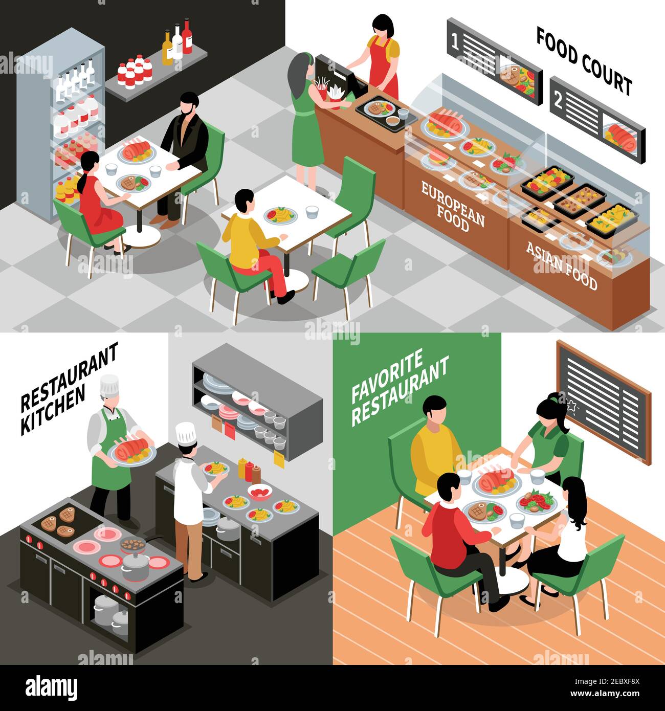 Food court isometric concept with various restaurant rooms salle and ...