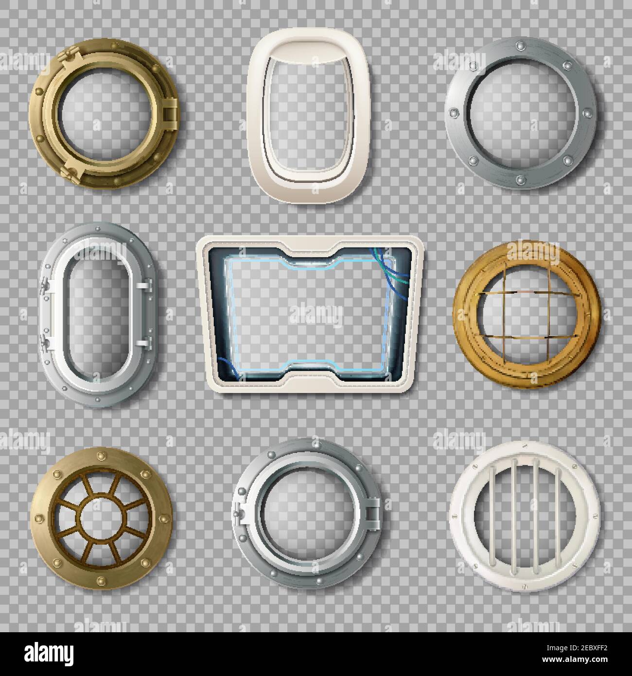 Realistic set of metal and plastic portholes of various shape on ...