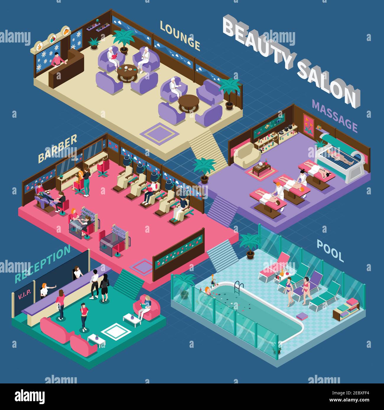 Multistory beauty salon with people reception barber pool massage and ...