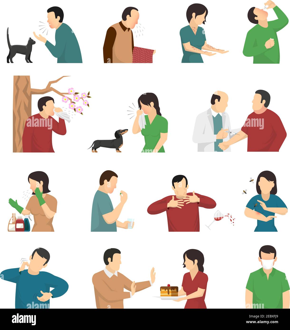 Symptoms and causes of allergic reaction flat icons collection with ...