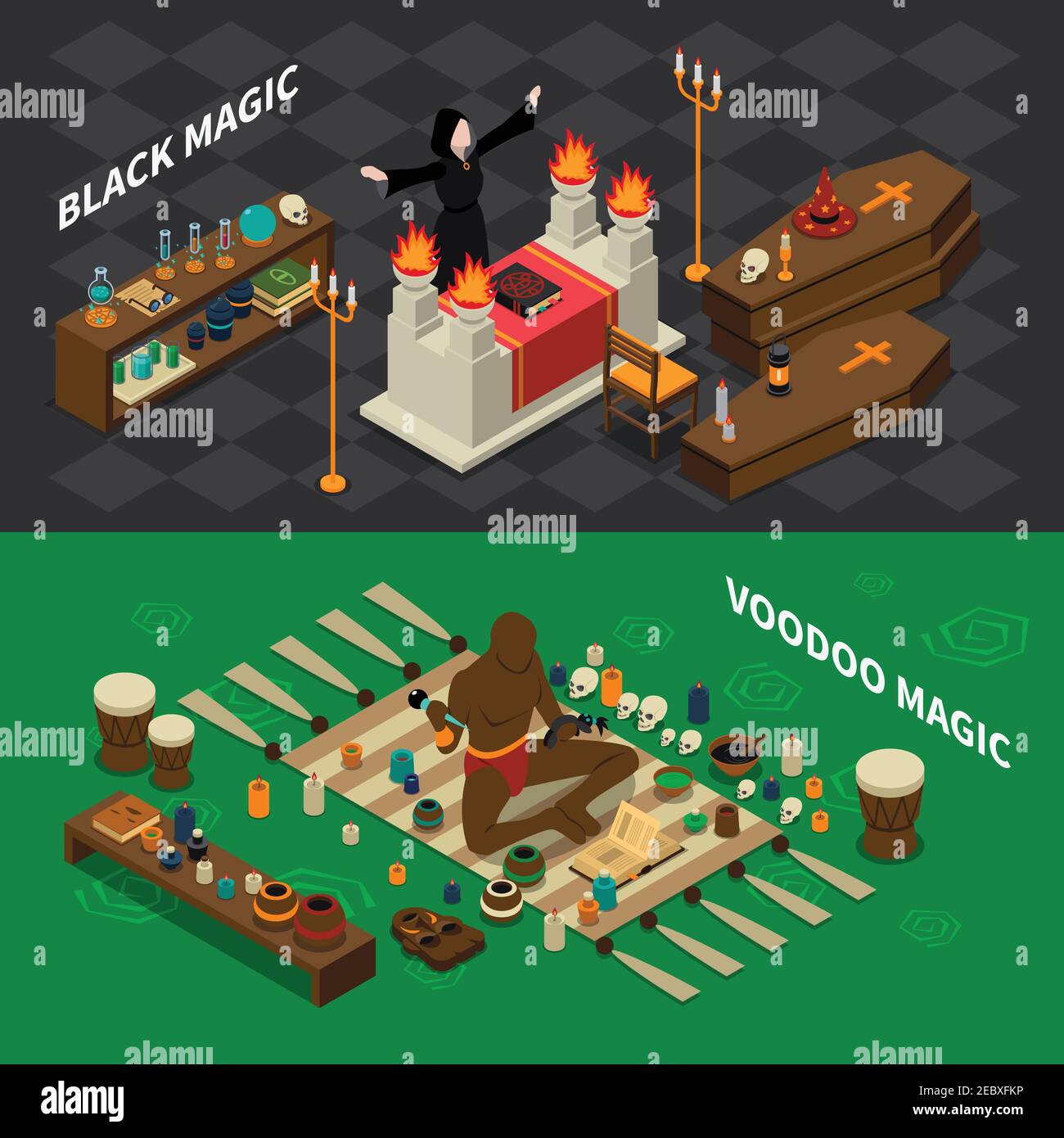 Isometric horizontal banners with black sorcery and voodoo magic with ...