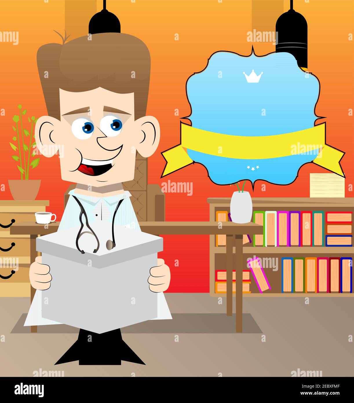 Funny cartoon doctor holding white box. Vector illustration. Health ...