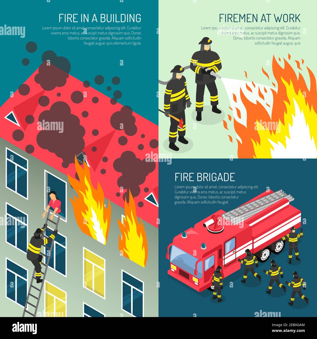 Three colored fire department design concept set with fire in building ...