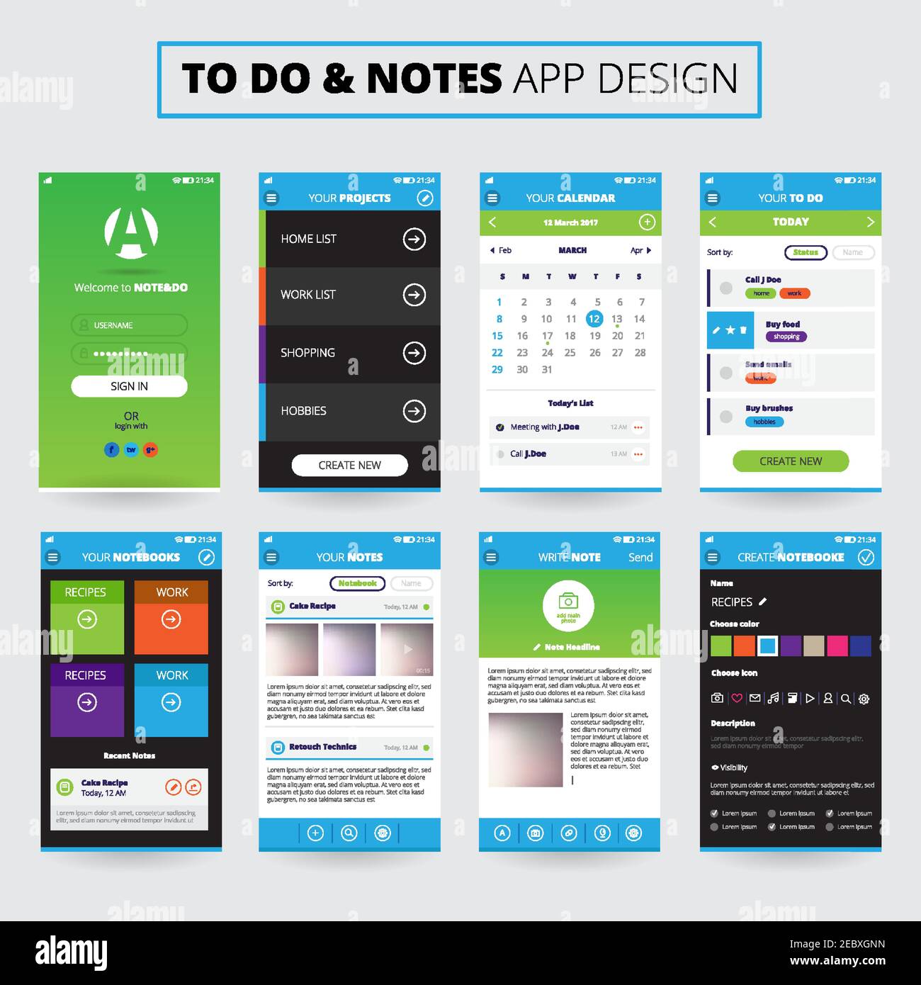 Mobile apps design for notes and projects on smartphone screens with ...