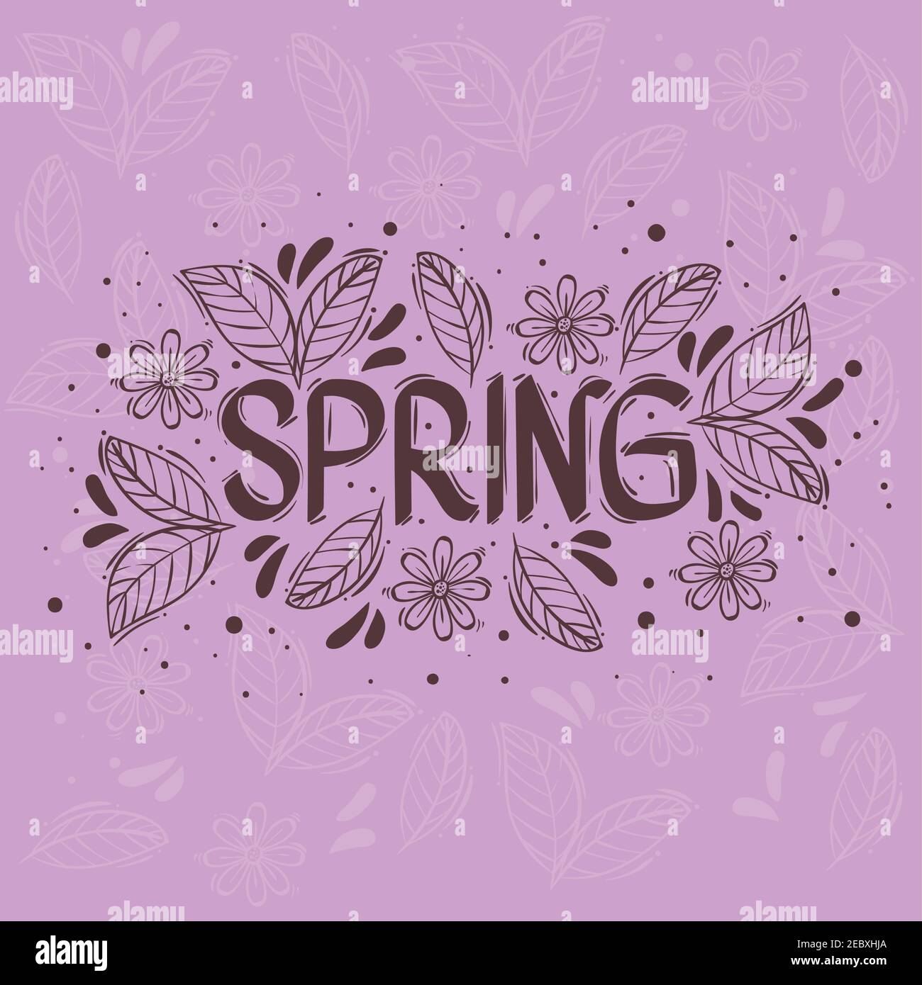 spring season lettering card with floral frame in purple background ...