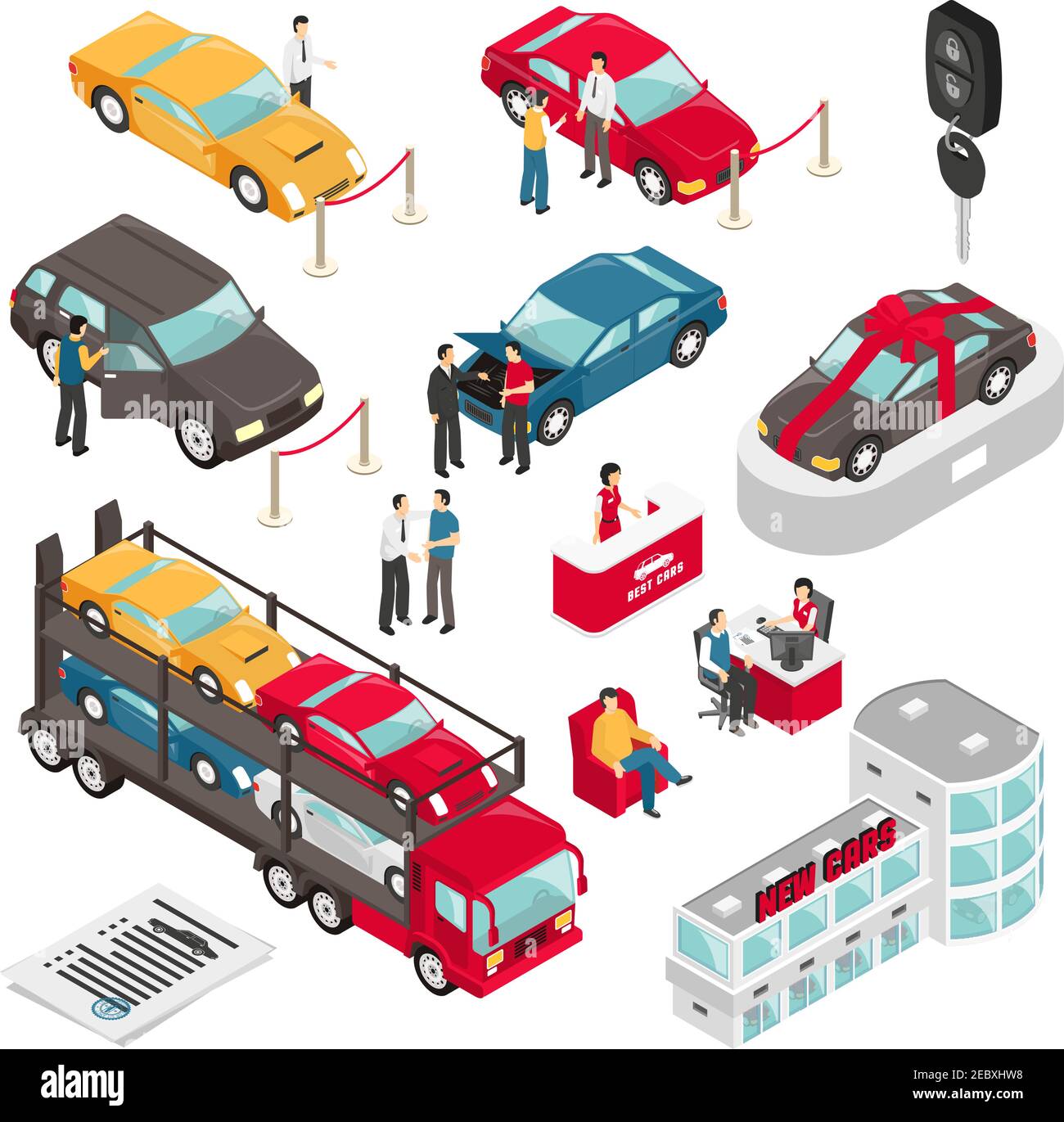 Car dealer luxury vehicles sale lease showroom isometric icons ...