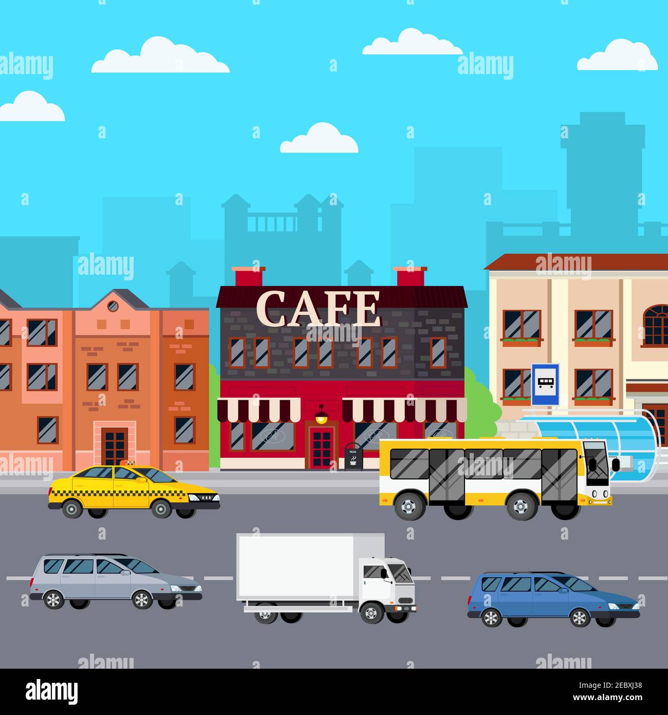 Street cafe composition with orthogonal images of storefront city ...