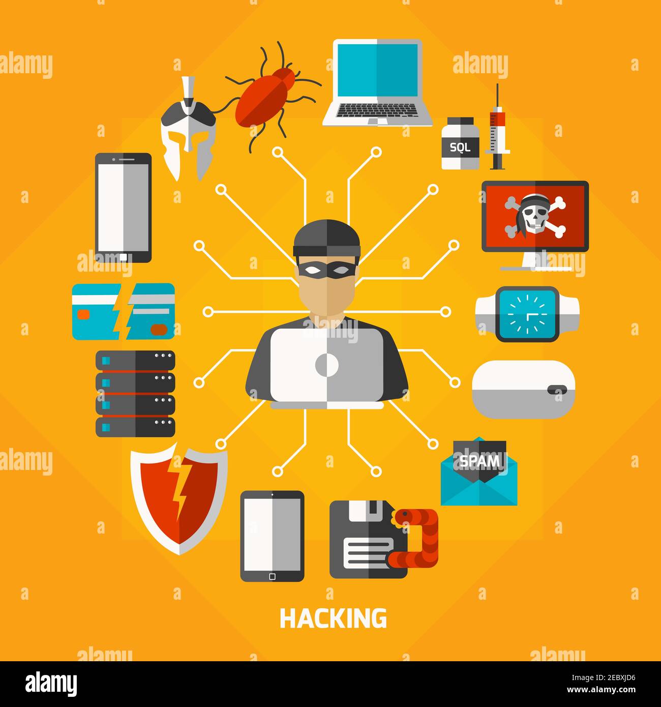 Colorful hackers background with decorative icons of spy bat electronic ...