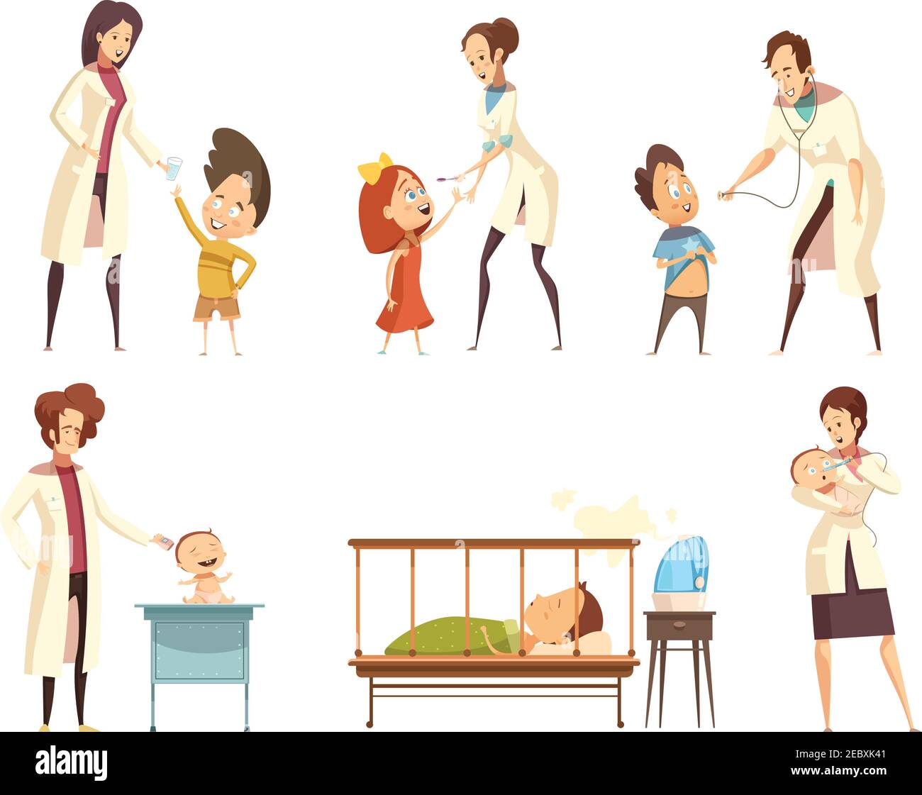 Ill babies children patients treatment in hospital retro cartoon ...
