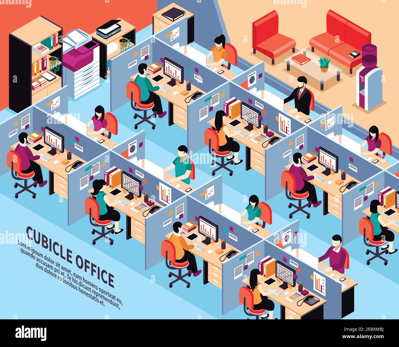 Office workplace isometric vector illustration with men and women ...