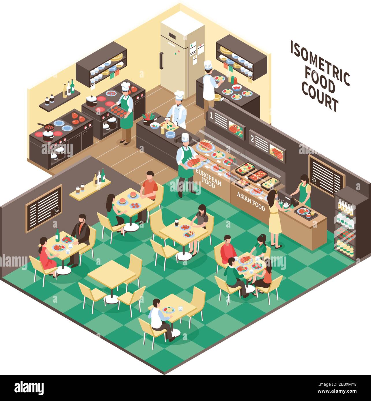Food court composition with isometric interior of european asian ...