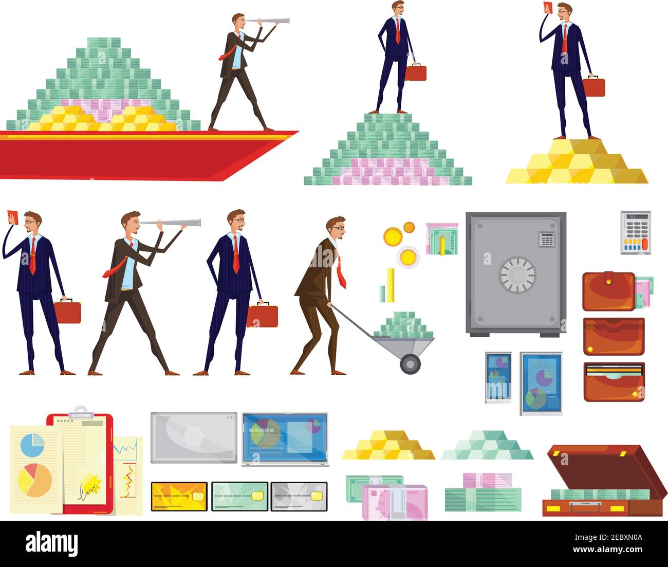 Set of isolated financial wealth cartoon images of clerk characters ...