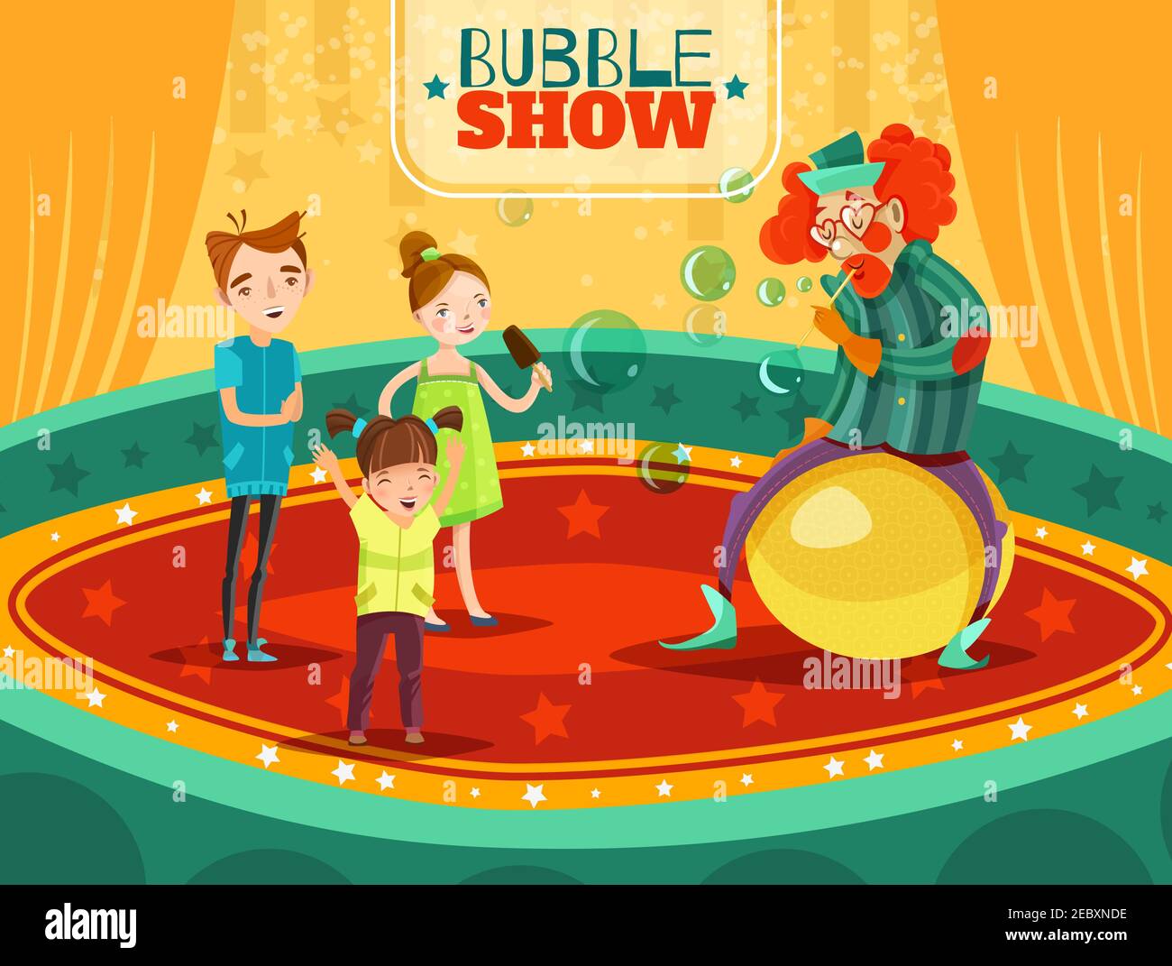 Travel circus clown bubble show performance with kids on arena retro ...