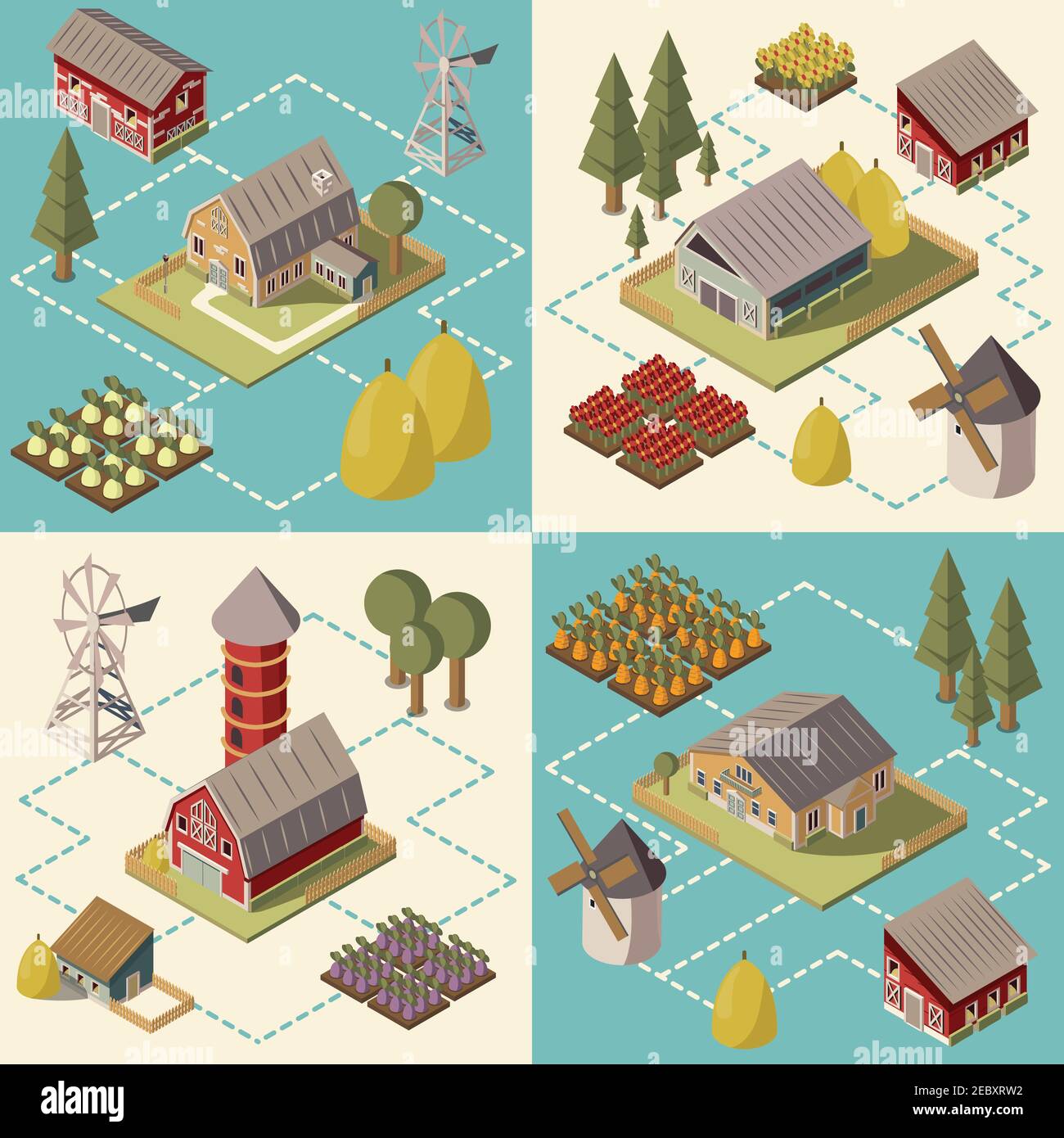 Farm isometric concept with mill fields and harvest barn and silo trees ...