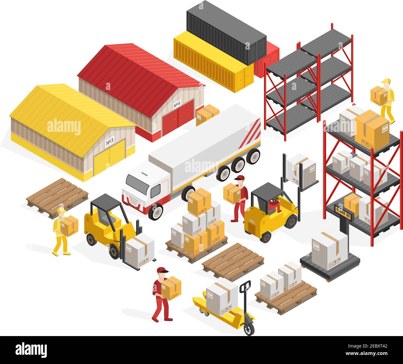 Warehouse logistics isometric concept with storage buildings and ...