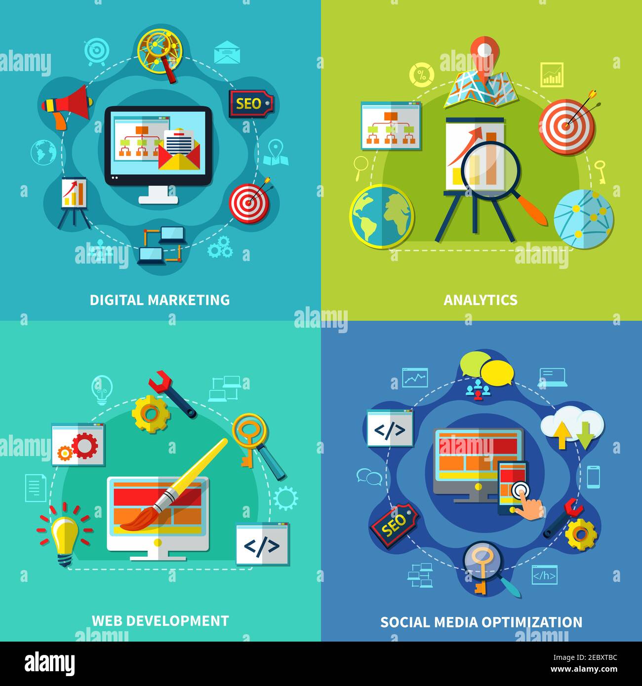Seo analytics square design concept with digital web marketing social ...