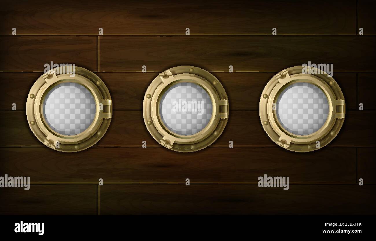 Ship golden portholes cartoon set with wooden sides vector illustration ...