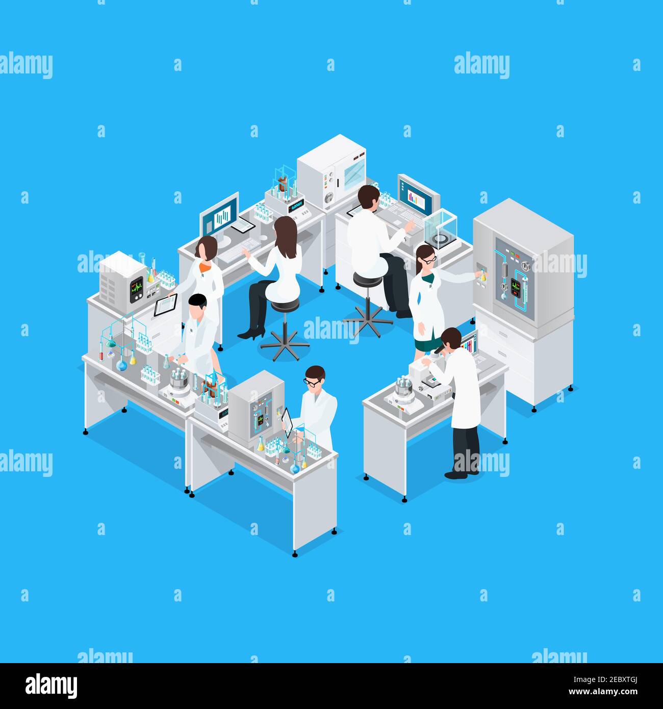 Laboratory isometric composition with workbench research equipment and ...