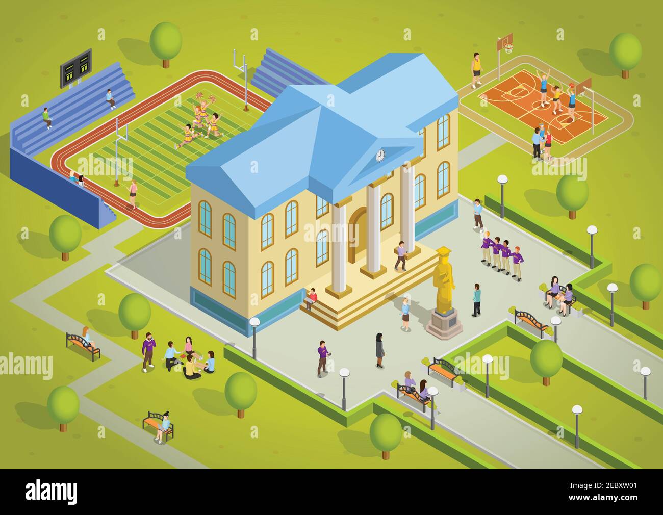 University campus building and sport complex facilities with students ...