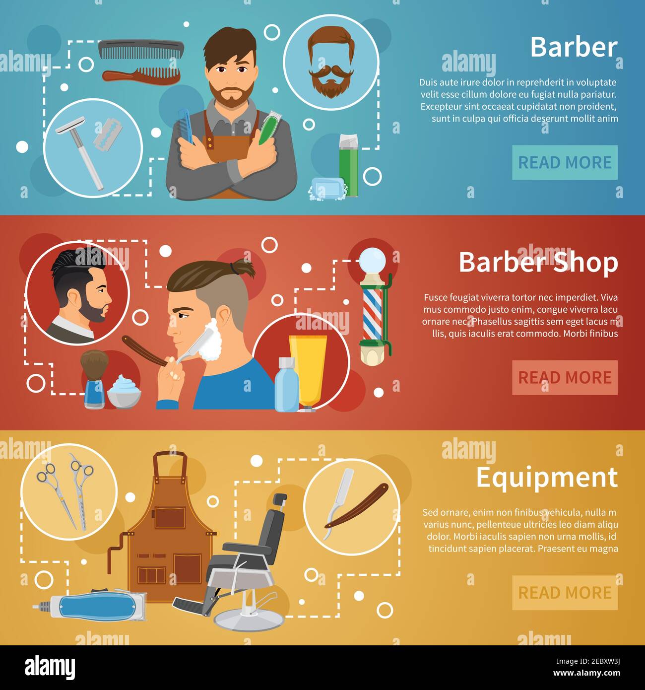 Set of horizontal banners with barber shop equipment hairdresser with ...