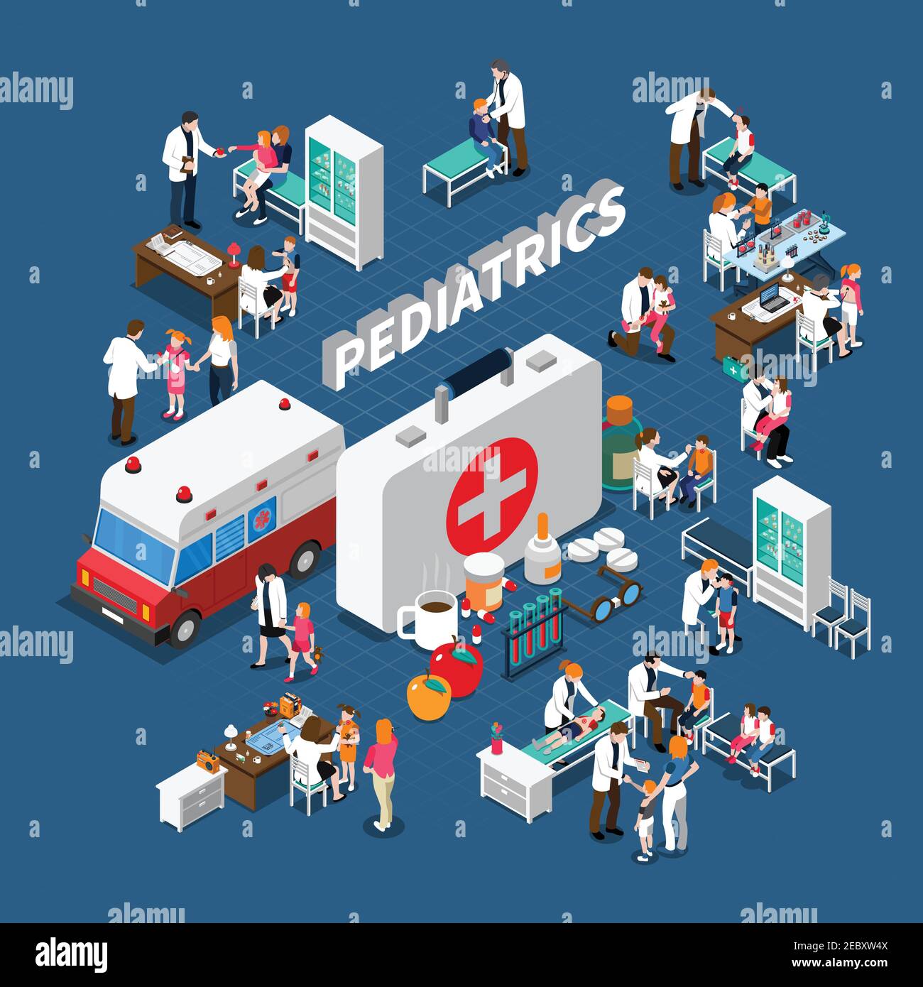Pediatrics isometric composition with doctors and ill kids furniture ...