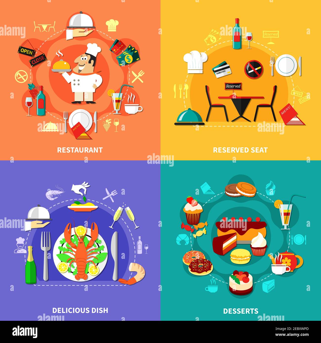 Four square restaurant design concept set with flat compositions of ...